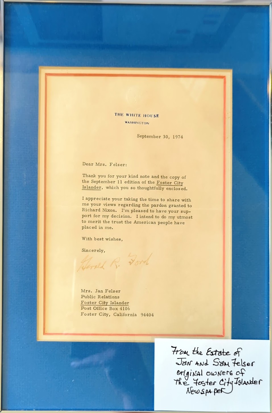 President Gerald Ford Letter (1974) – Foster City Historical Society
